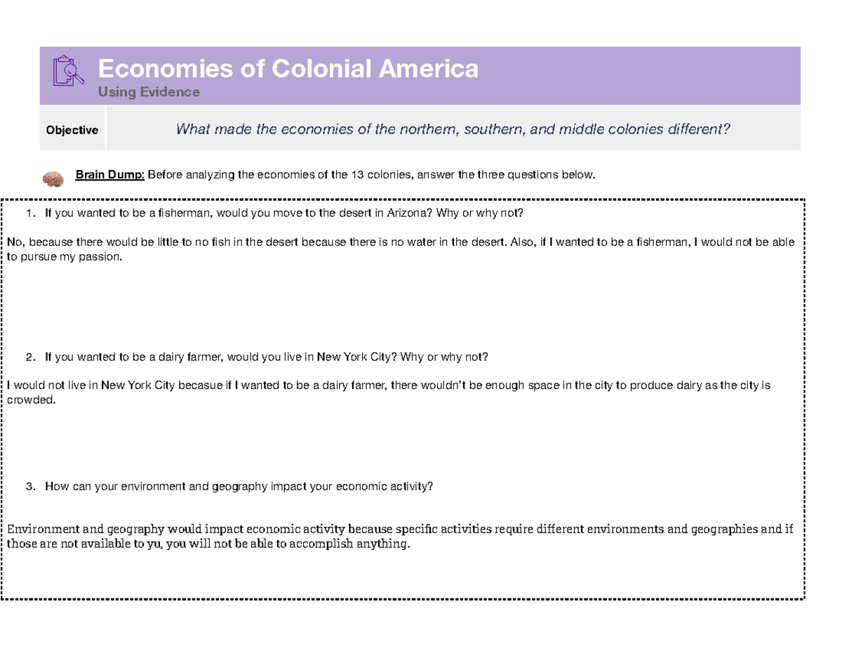 Using Evidence: Economies of Northern, Southern, and Middle Colonies ...