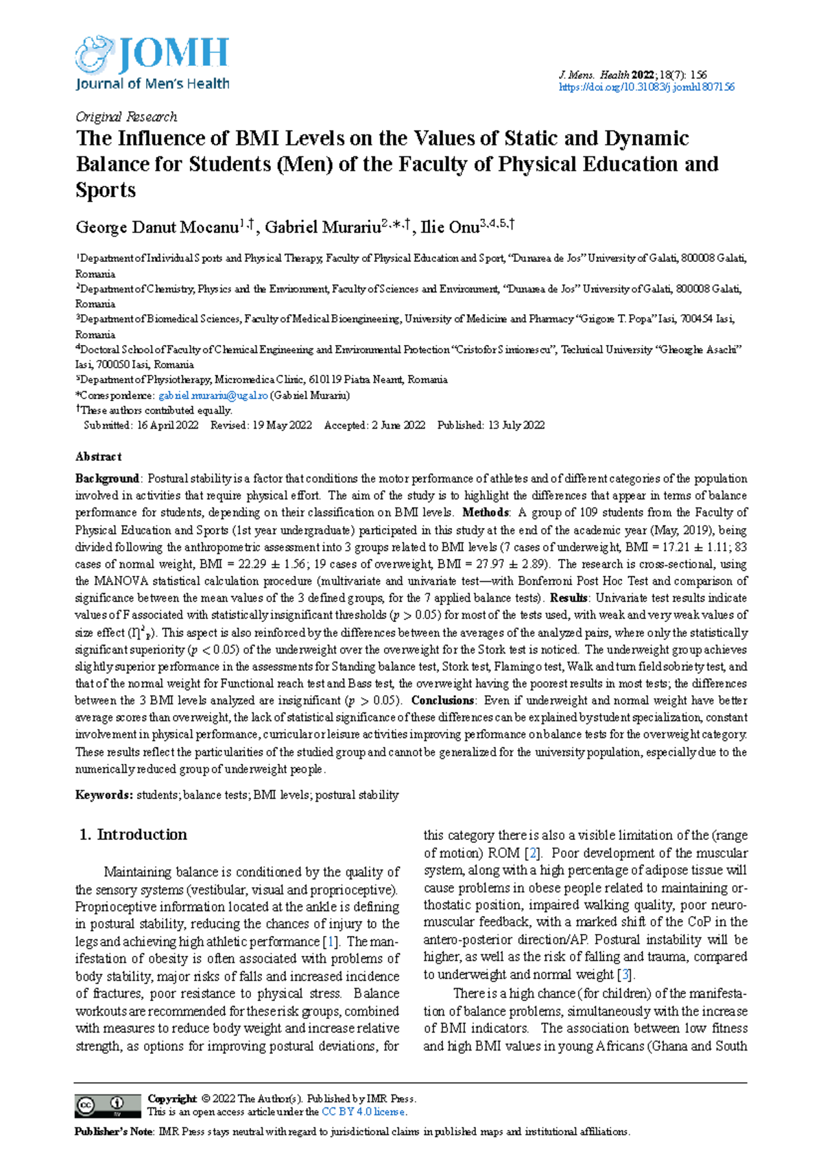 The Influence of BMI on Static and Dynamic Balance in PE Students (J ...