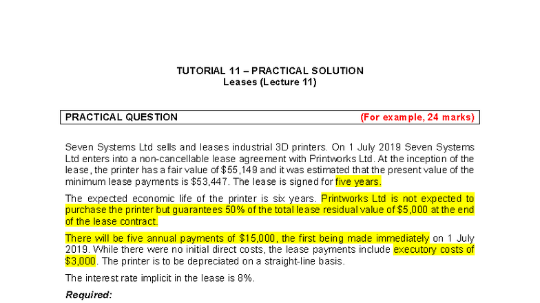 L11 Tutorial Solution: Practical Questions on Leases (Lecture 11) - Studocu