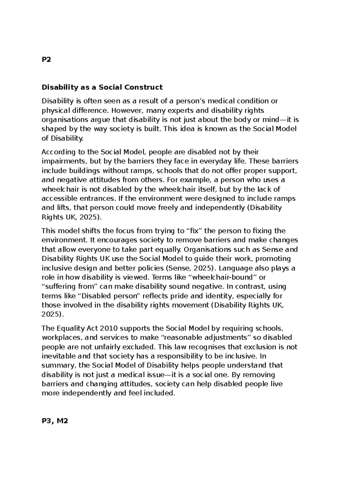 P2, P3, M2, M3, M4: Understanding Disability as a Social Construct and ...