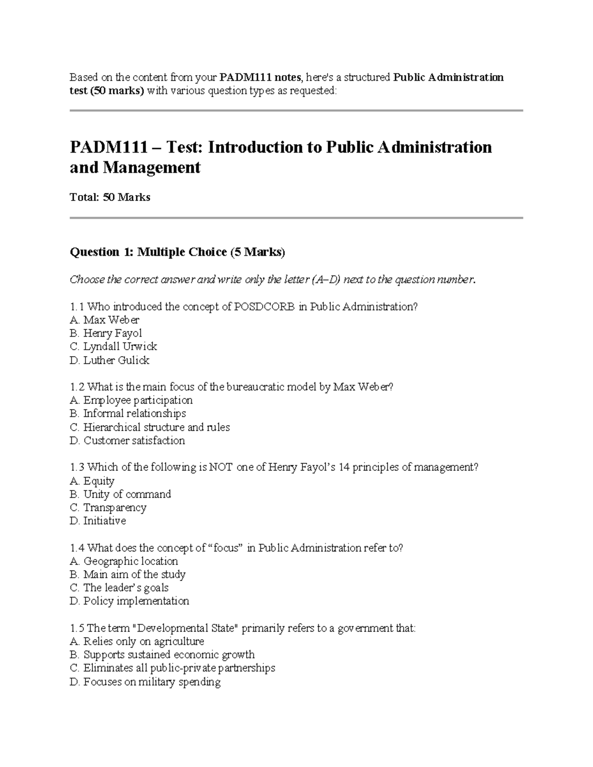 PADM 111: Structured Test Preparation for Public Administration - Studocu