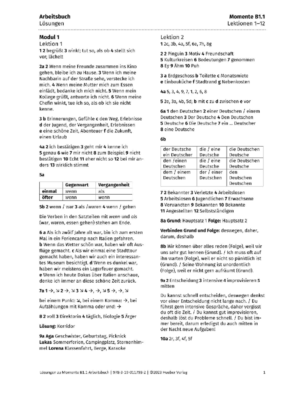 Arbeitsbuch Momente B1.1 Lösungen Lektionen 1-12 Übersicht - Studocu