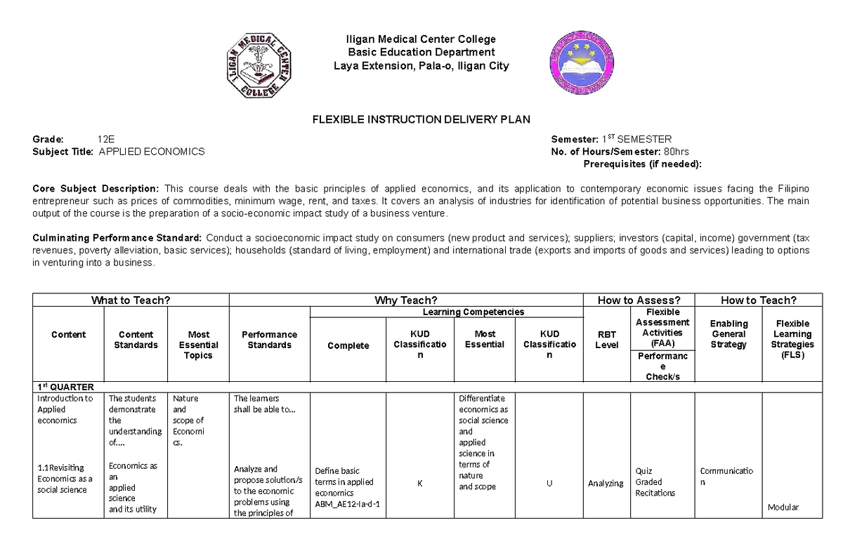 FLEXIBLE INSTRUCTION DELIVERY PLAN: APPLIED ECONOMICS GRADE 12E 1ST ...