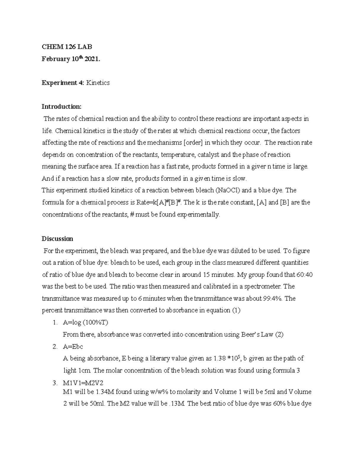Kinetics Lab Report - CHEM 126 Experiment 4 Analysis - Studocu