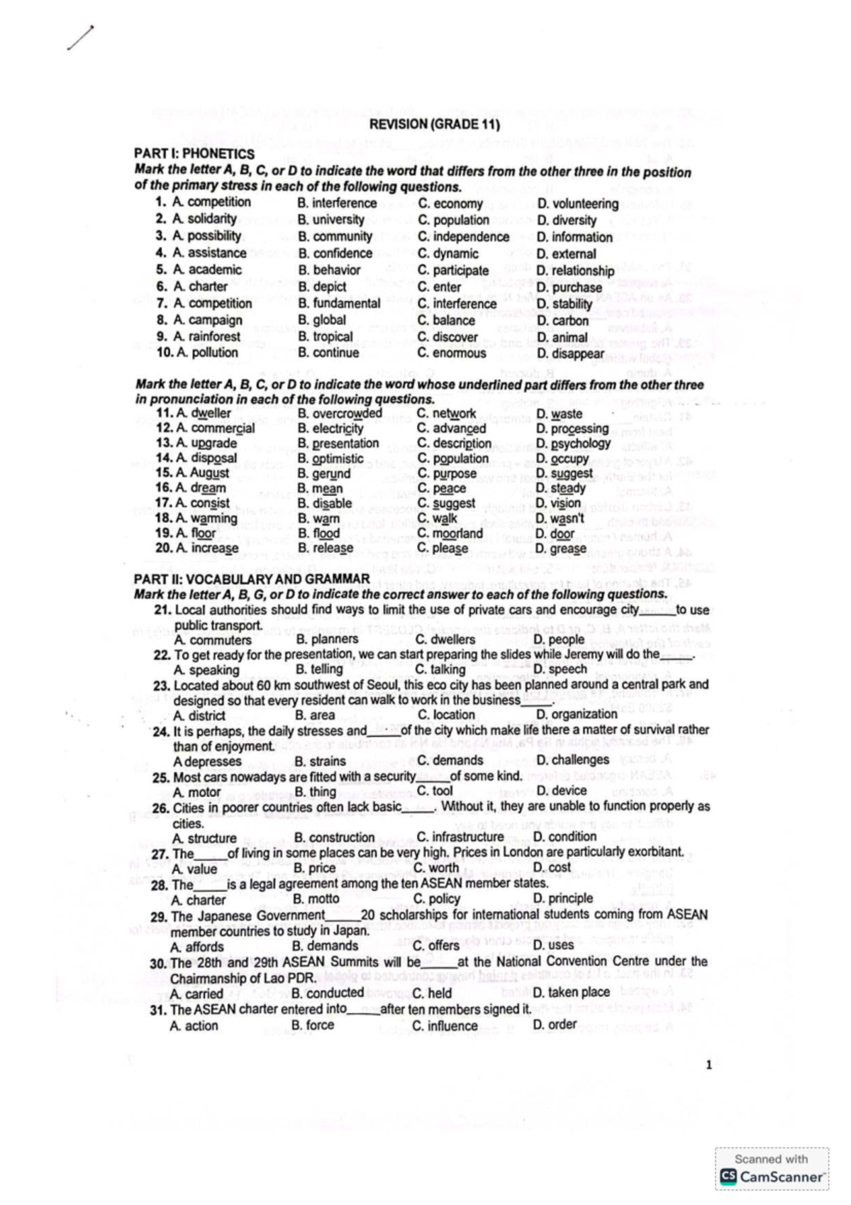 REVISION (GRADE 11) PART I: PHONETICS & VOCABULARY EXERCISES - Studocu