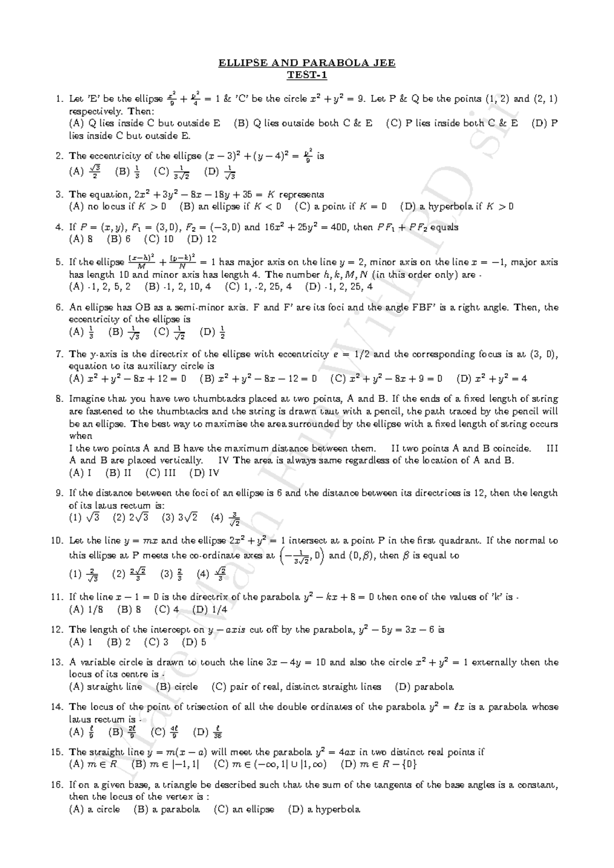 Ellipse and Parabola Practice Paper JEE 2 2 - Studocu