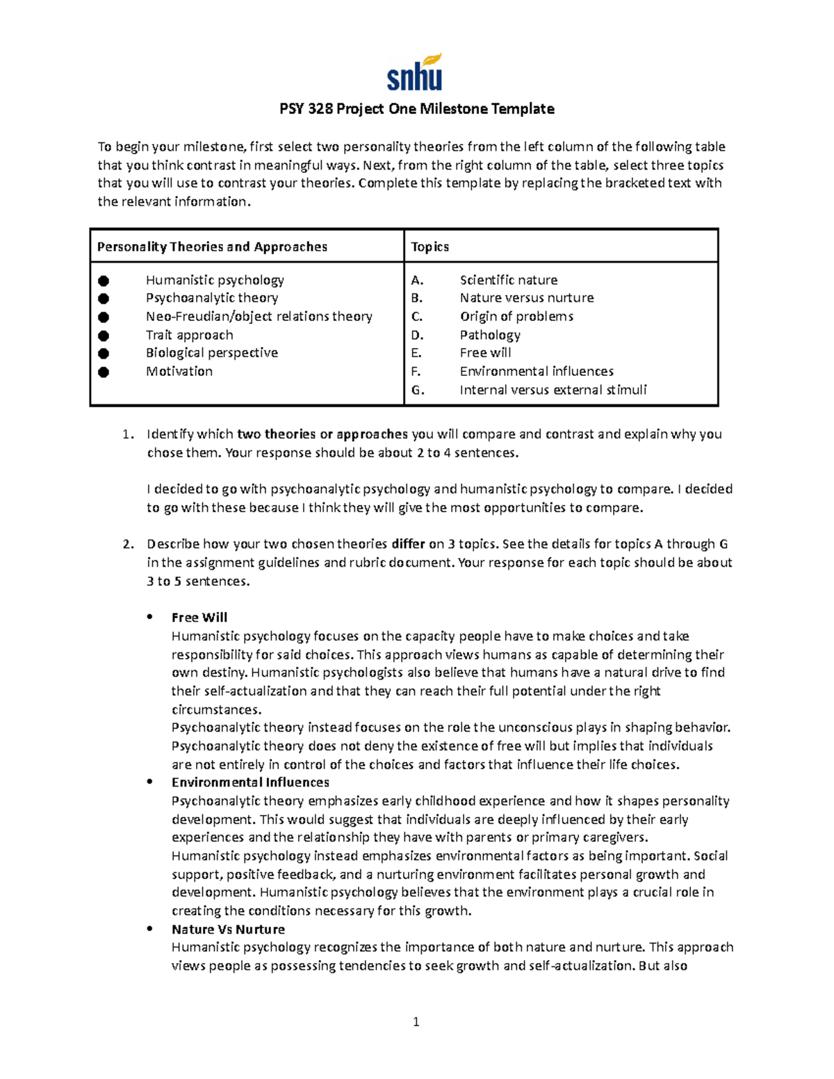 PSY 328 Project One Milestone: Comparing Personality Theories - Studocu
