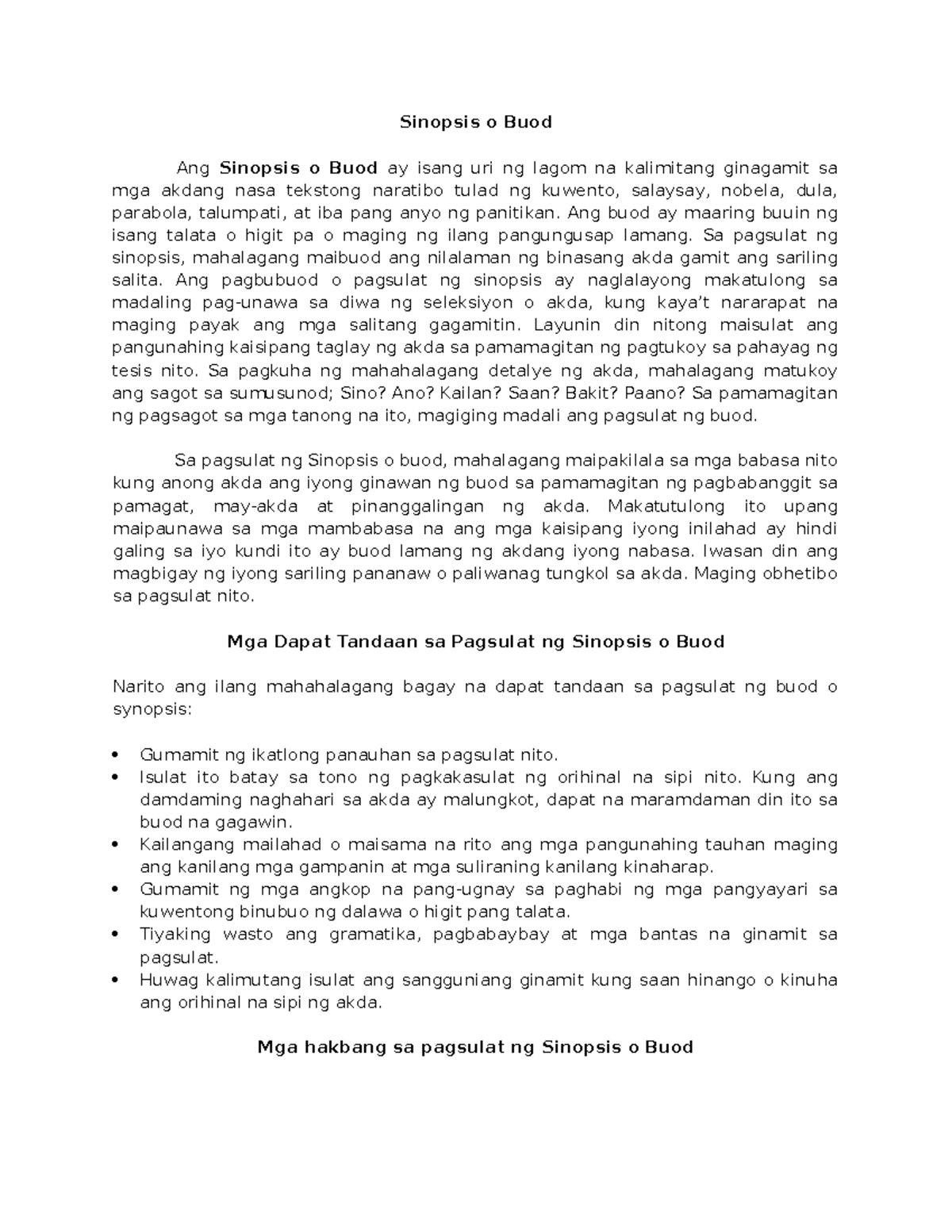 Sinopsis o Buod: Mahahalagang Hakbang at Dapat Tandaan - Studocu