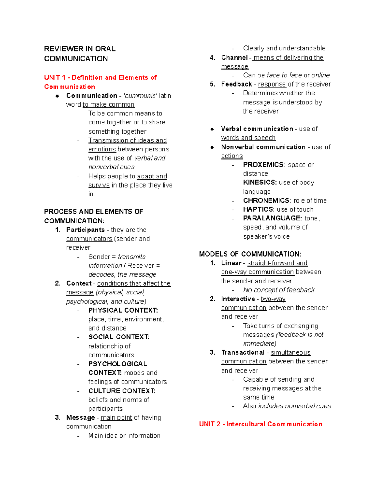 REVIEWER IN ORAL COMMUNICATION: UNIT 1 & 2 Overview and Key Concepts ...