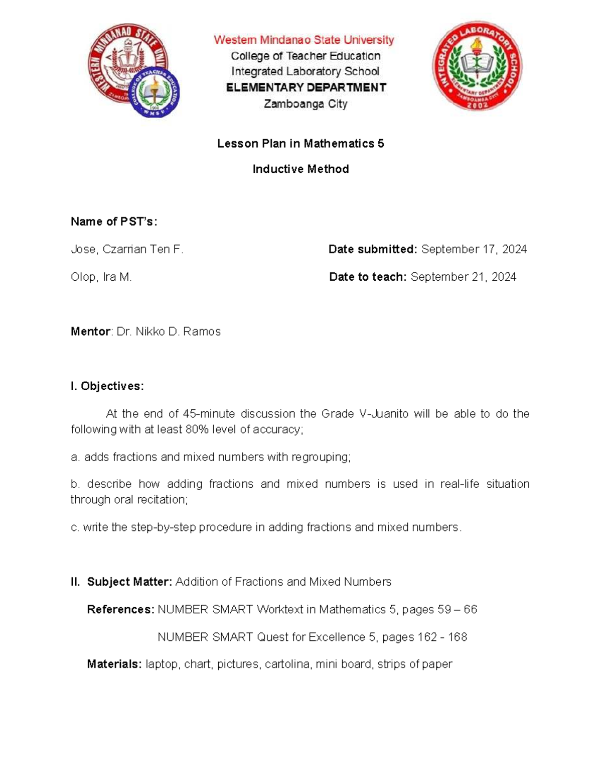 Final Lesson Plan: Adding Fractions & Mixed Numbers (Math 5) - Studocu