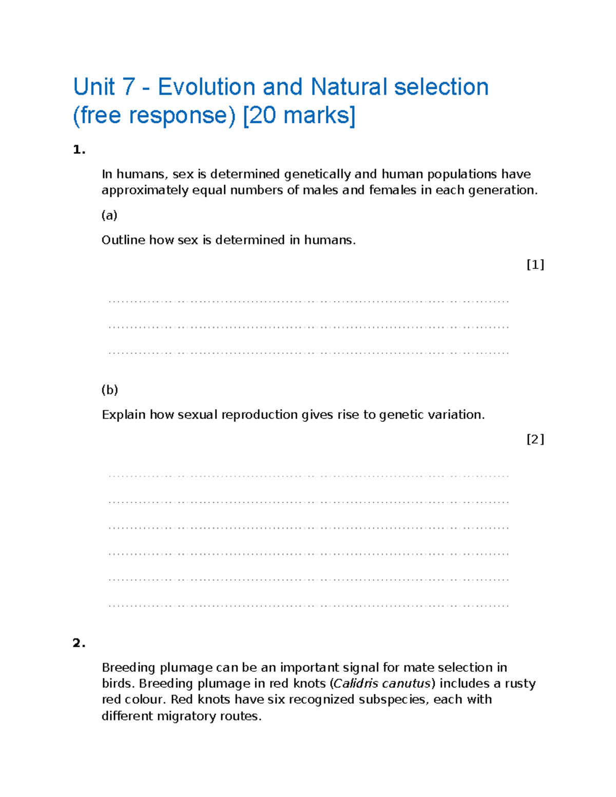 Unit 7 - Evolution and Natural selection (free response) - In humans ...