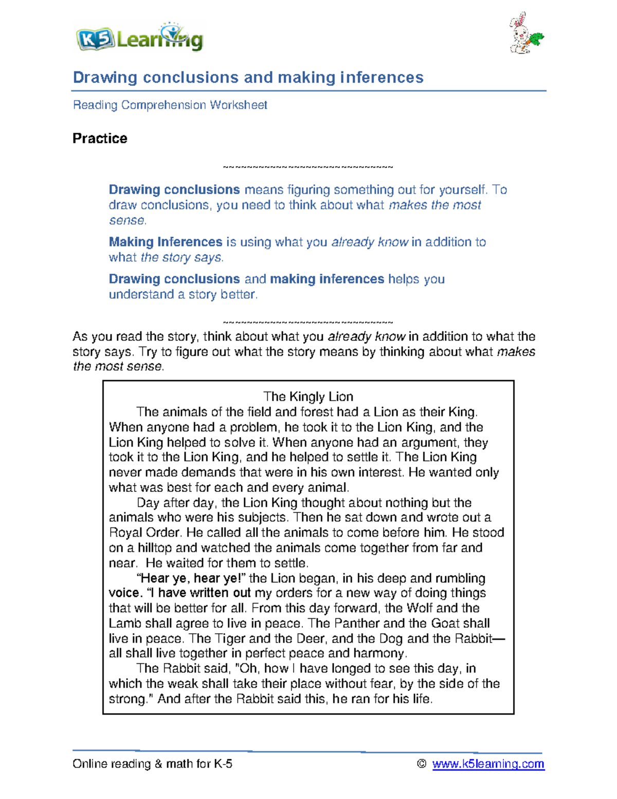 Grade 5 Reading Comprehension: Conclusions & Inferences Practice - Studocu