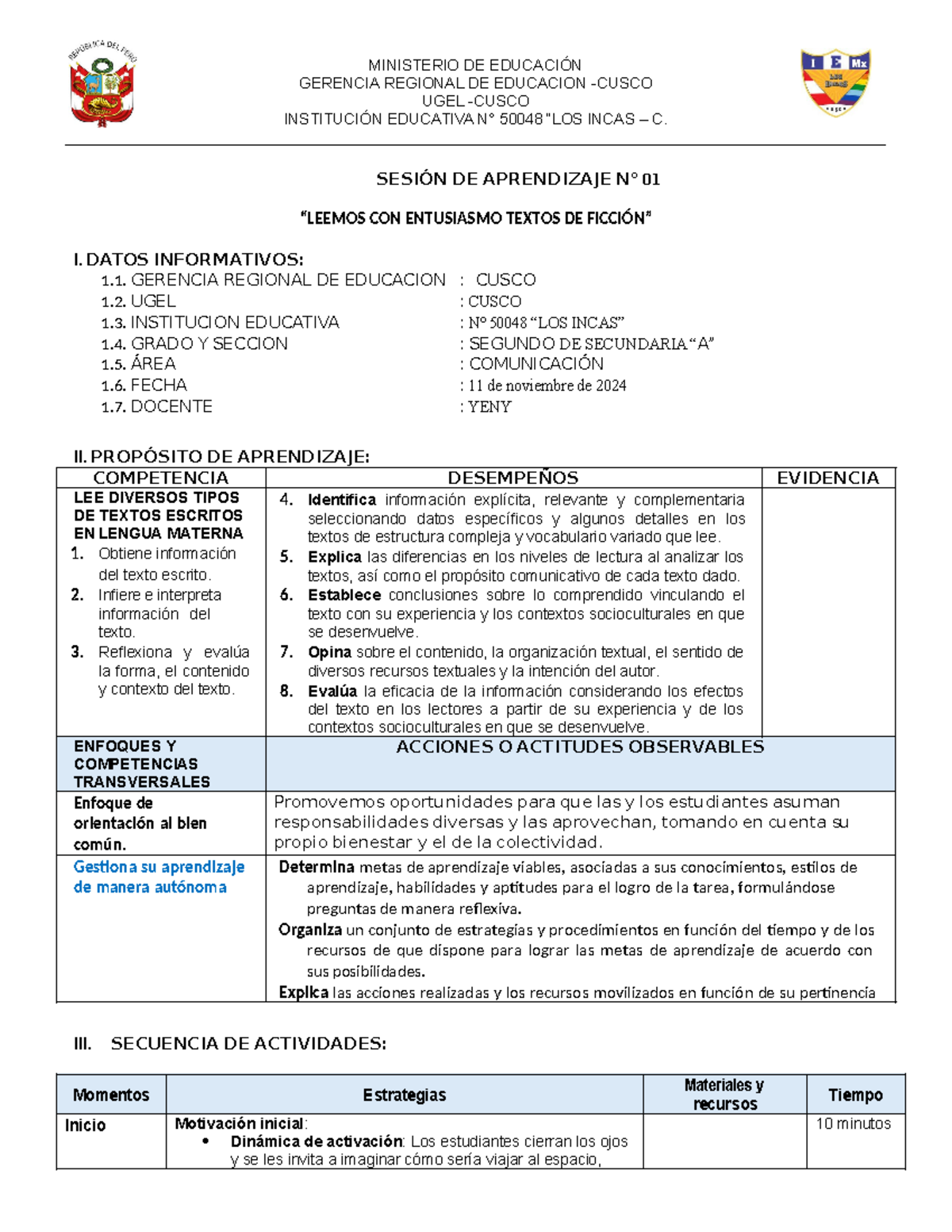 Sesión de Aprendizaje N° 01: Lectura de Textos de Ficción en ...
