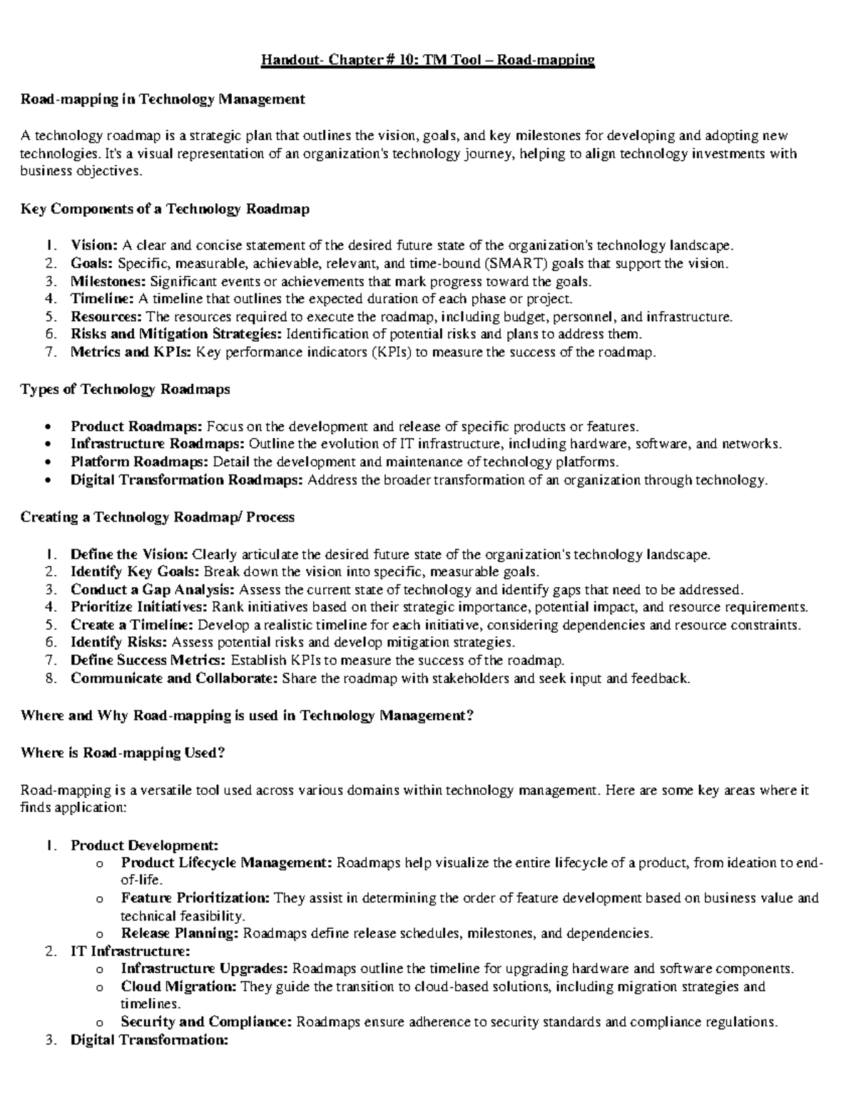 Handout Road mapping - Handout- Chapter # 10: TM Tool – Road-mapping ...