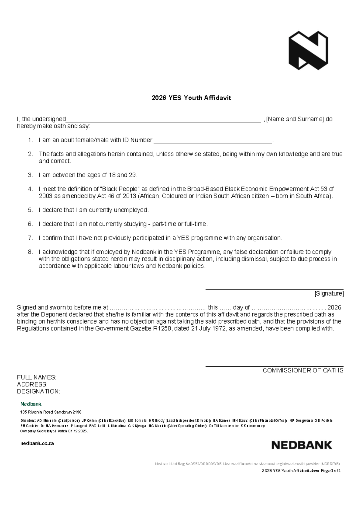 2026 YES Youth Affidavit for Employment with Nedbank - Studocu