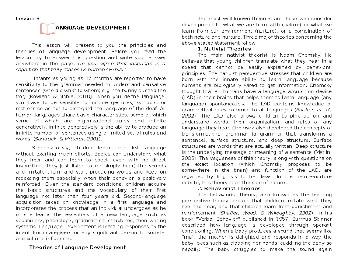 Lesson 3: Theories of Language Development and Acquisition - Studocu