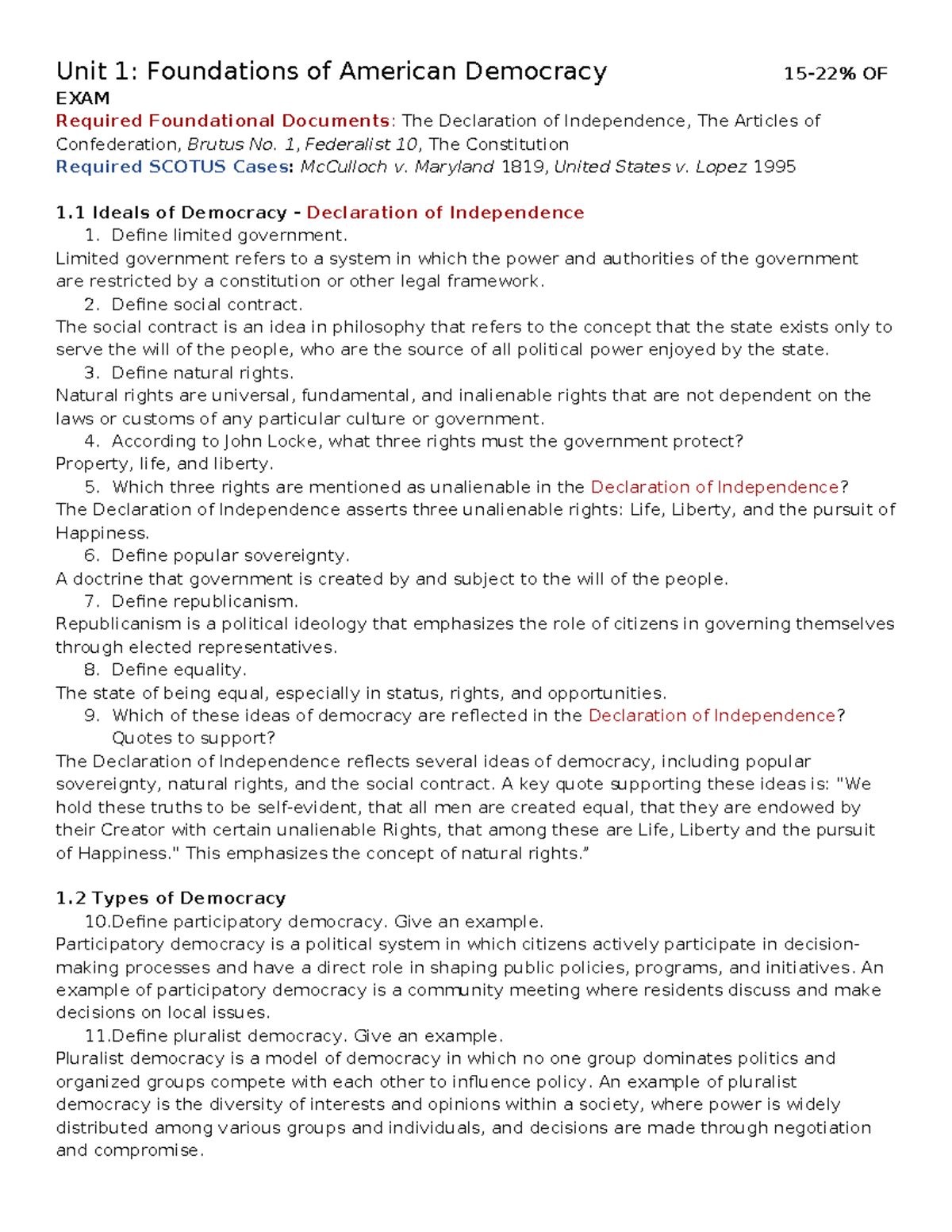 2024 AP Exam Review Packet: Foundations of American Democracy & Key ...