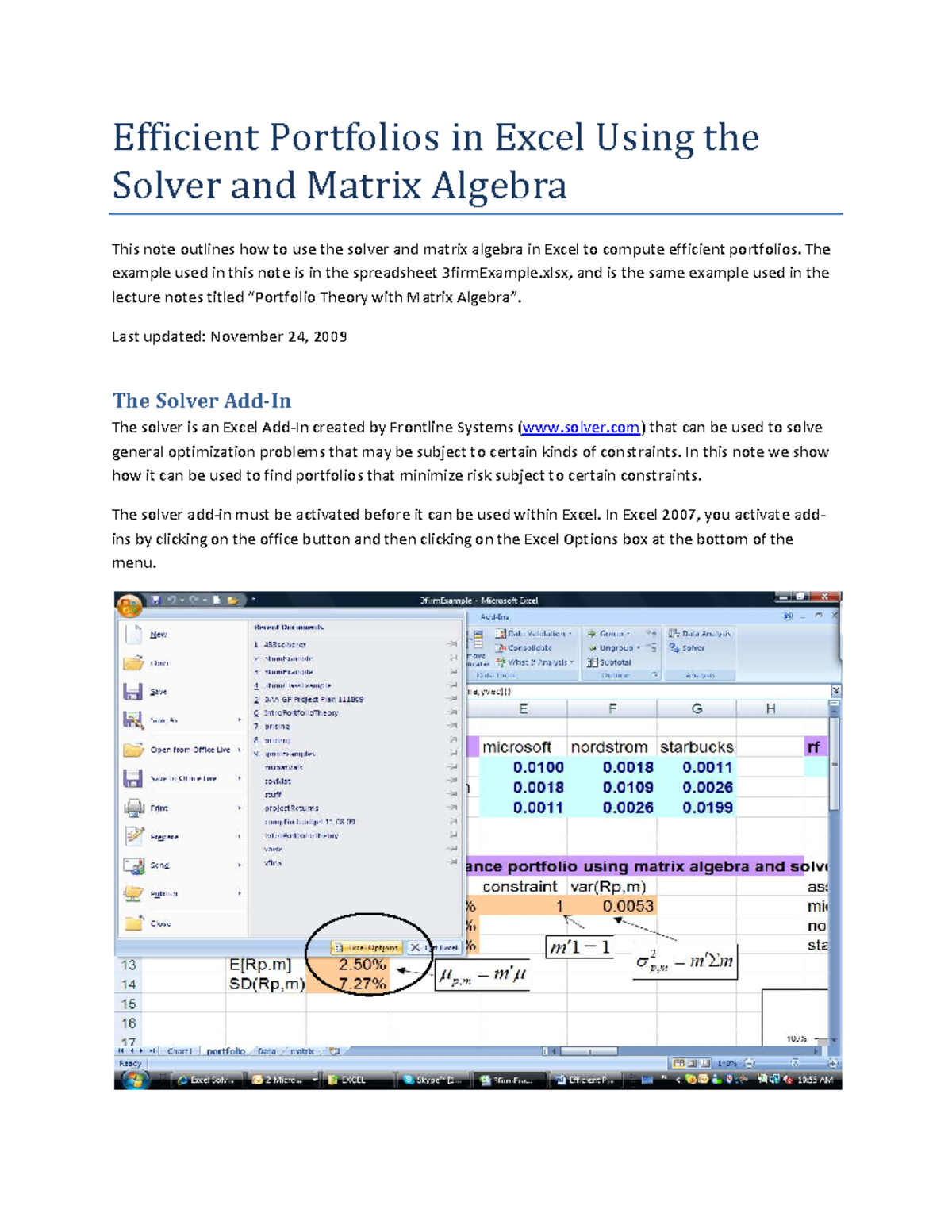Excel portfolio Solver and Matrix Algebra guide - Efficient Portfolios ...