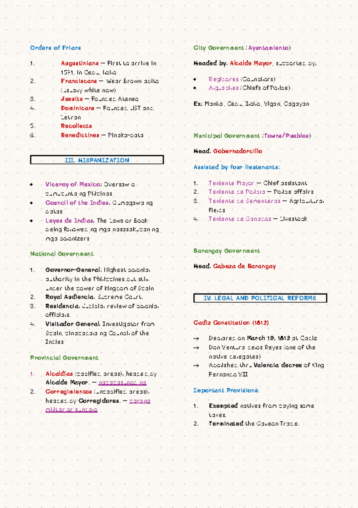 RPH - Spanish Colonization: Orders of Friars & Government Structure ...