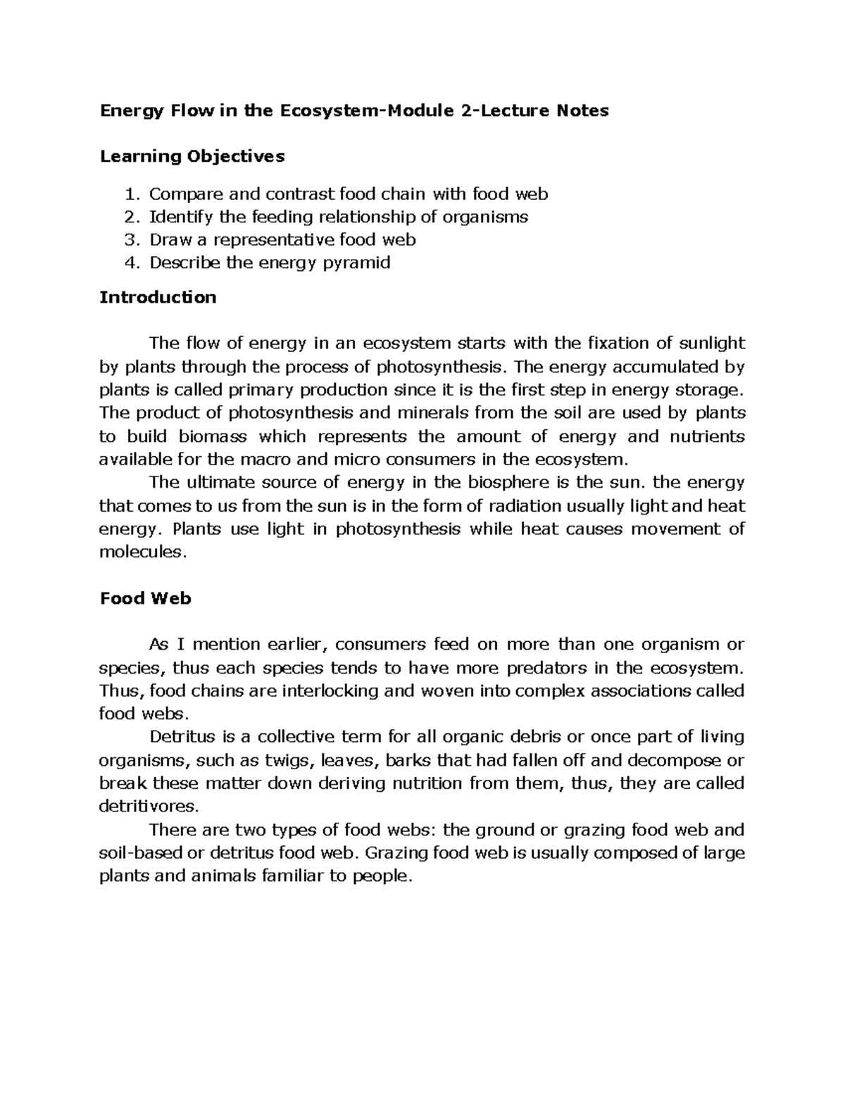 Energy Flow in the Ecosystem-Module 2-Lecture Notes - The energy ...