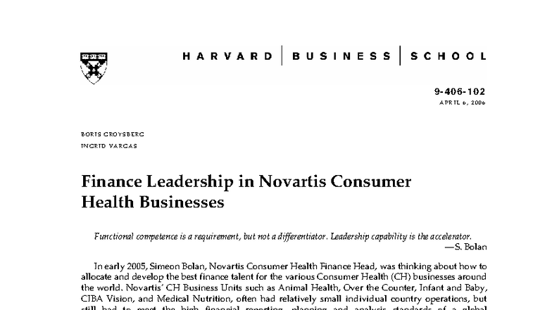 Finance Leadership Case Study: Novartis Consumer Health (2025) - Studocu