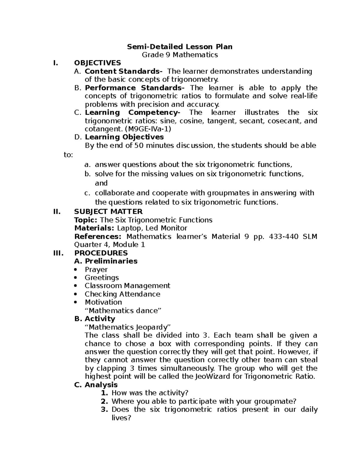 Grade 9 Math Lesson Plan: Understanding Trigonometric Functions - Studocu