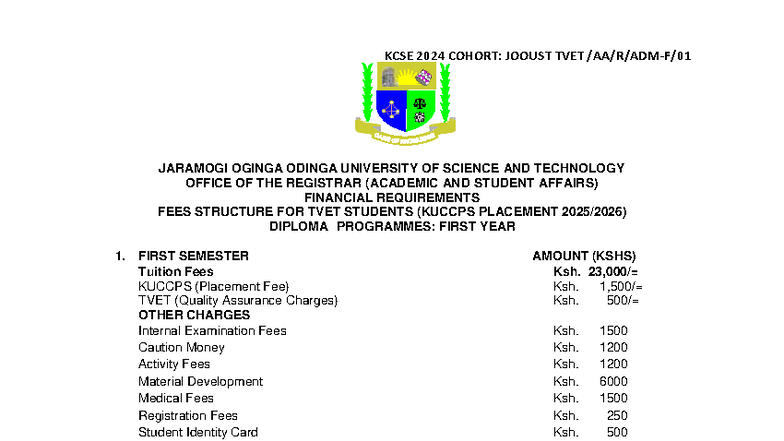 KCSE 2024 COHORT: JOOUST TVET Diploma Fees Structure - Studocu