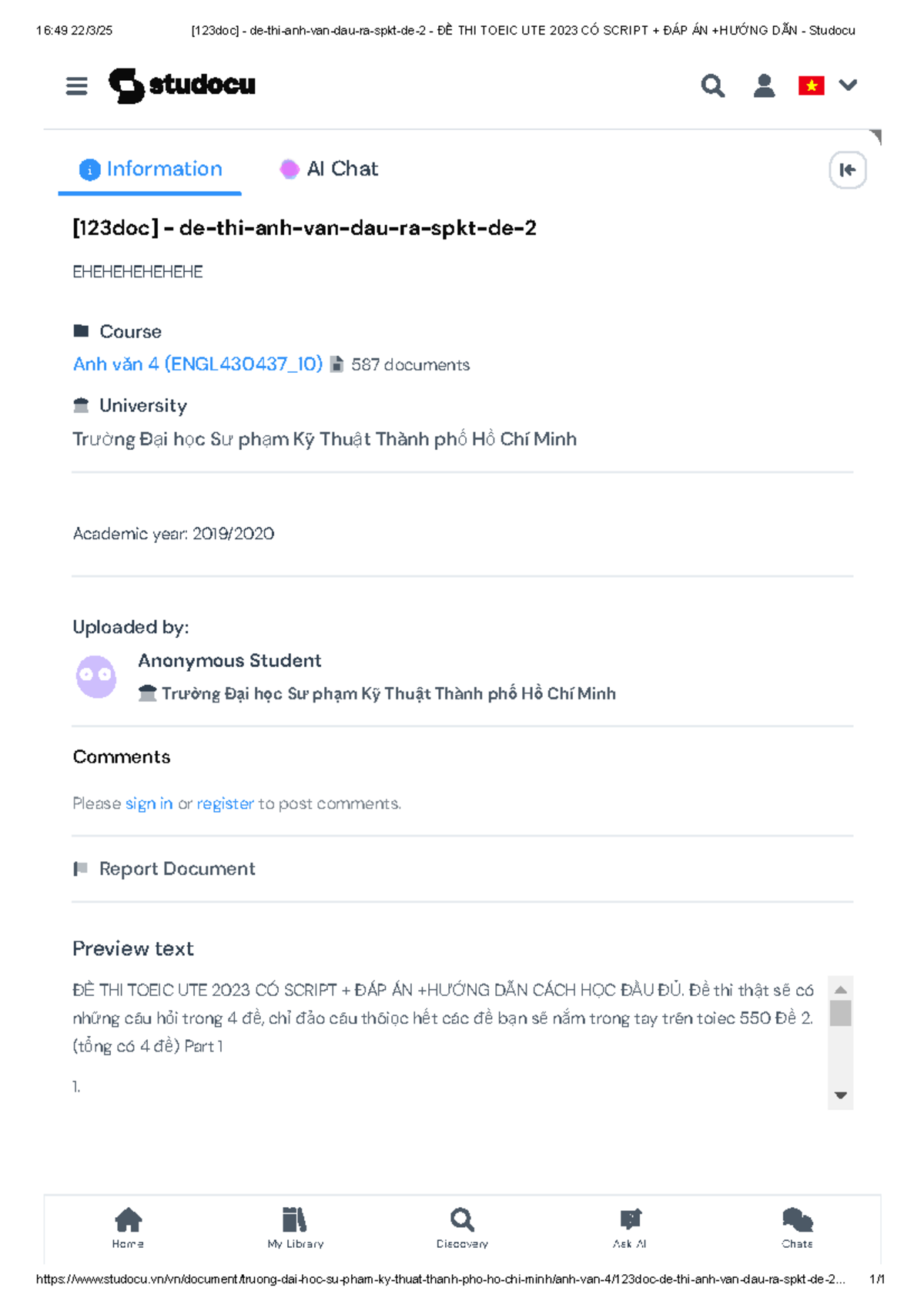 ĐỀ THI TOEIC UTE 2023 - Anh văn 4 (ENGL430437_10) - Đáp án + Hướng dẫn - Studocu