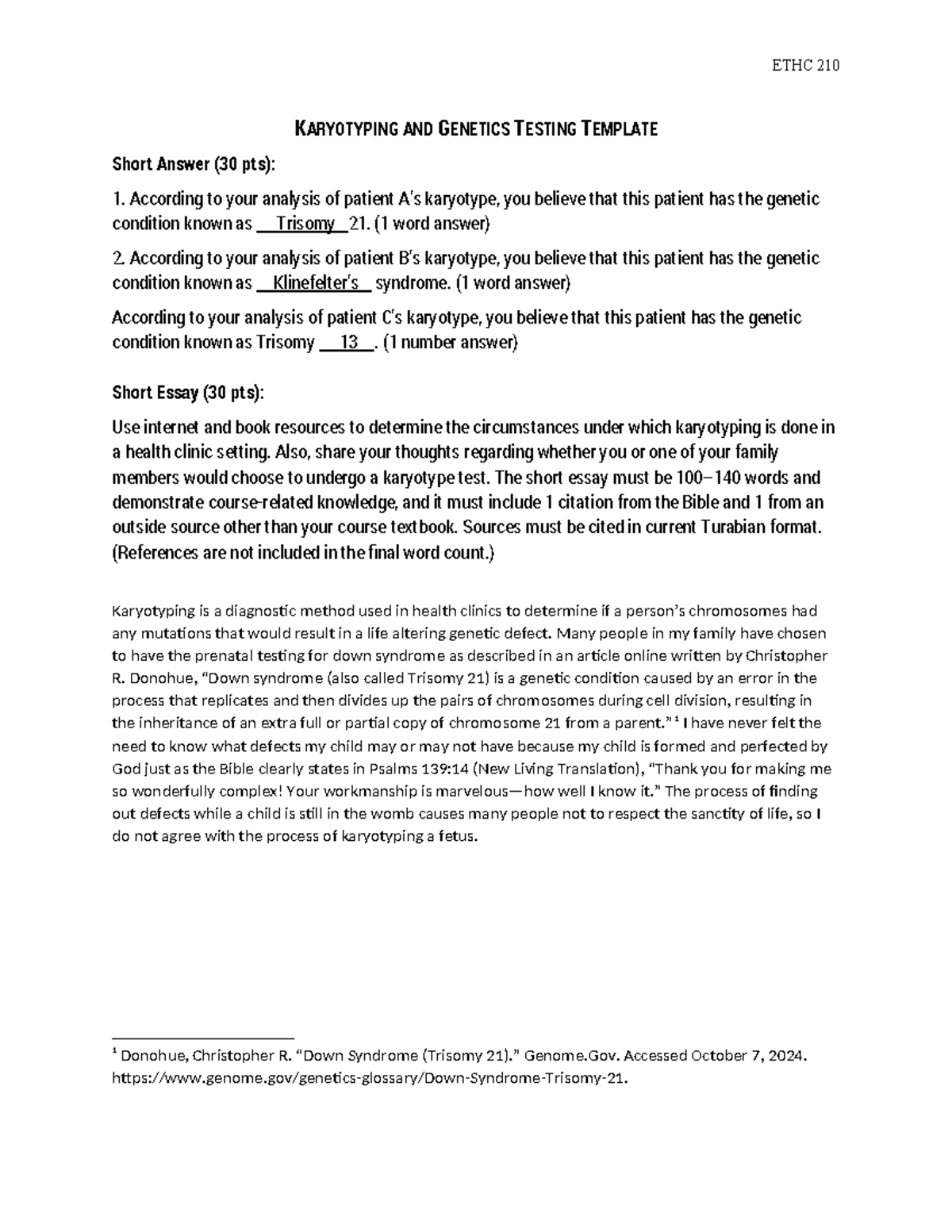 ETHC 210 Karyotyping & Genetics Testing: Analysis of Genetic Conditions ...