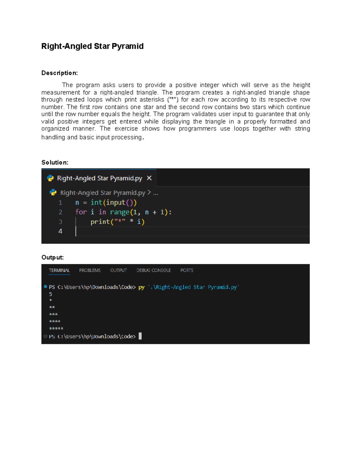 CS101: Right Angled Star Pyramid Program Description and Output - Studocu