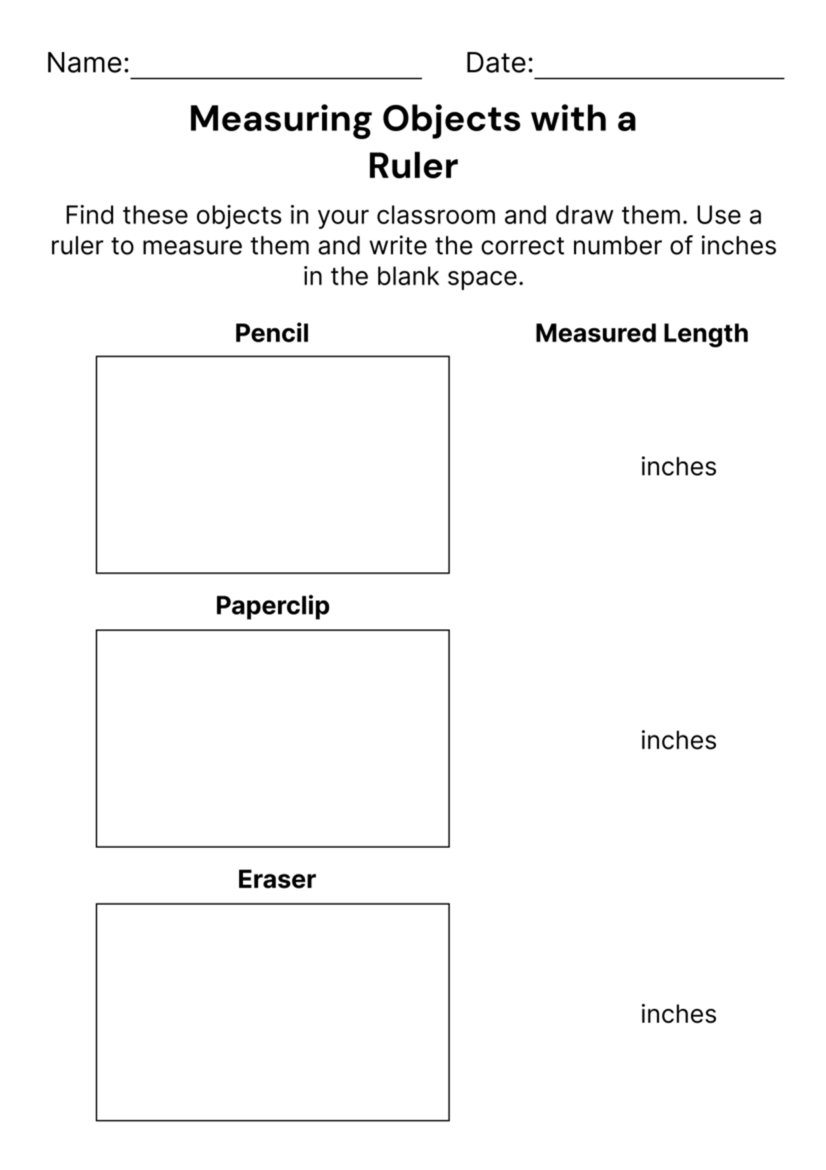 Measure Objects Using a Ruler (Inches) - Name: Date: Measuring Objects ...