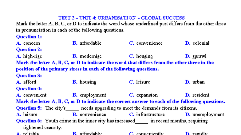 HS UNIT 4 TEST 2: URBANISATION & LANGUAGE SKILLS - Studocu