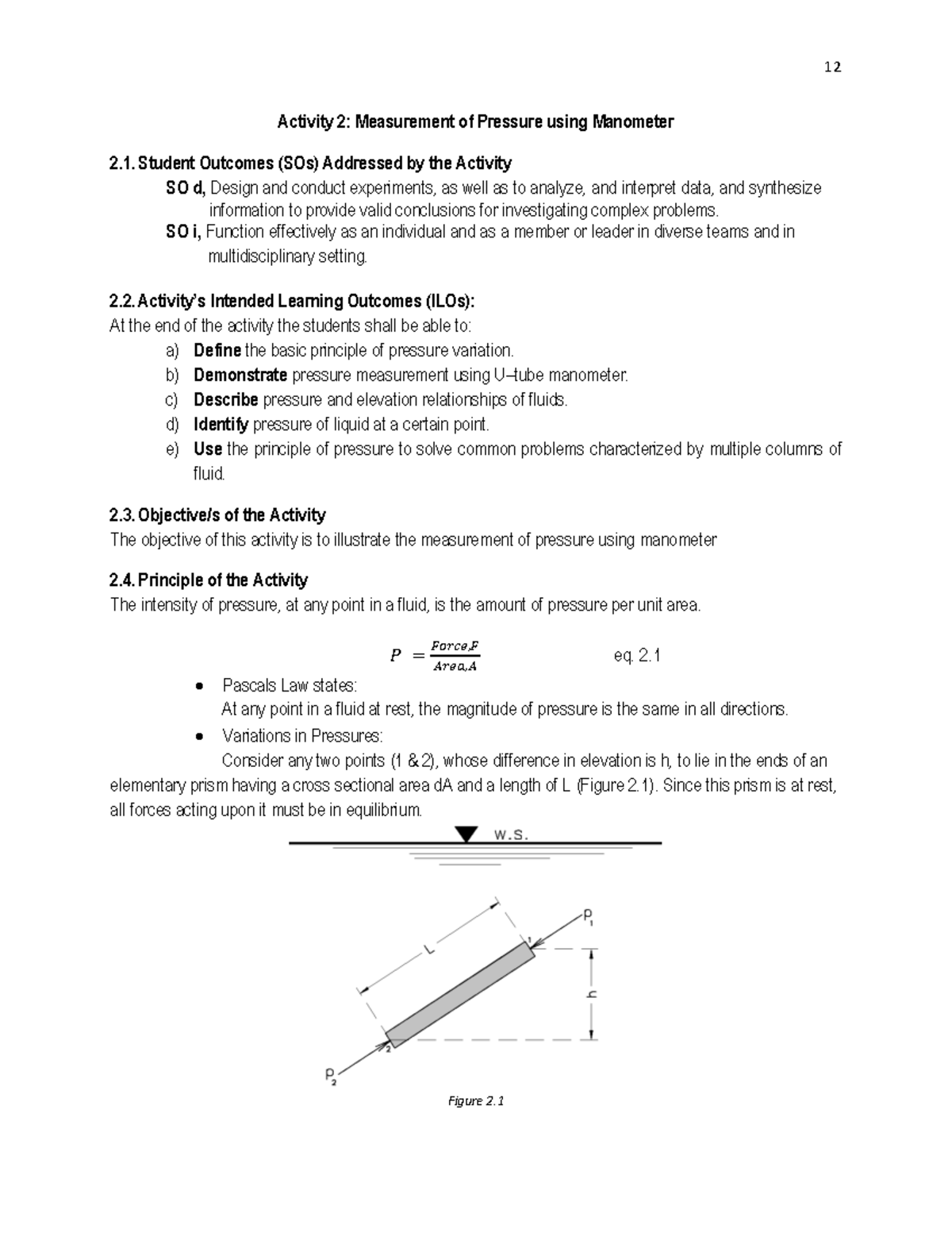 Activity 2: Pressure Measurement Using Manometer in Fluids - Studocu