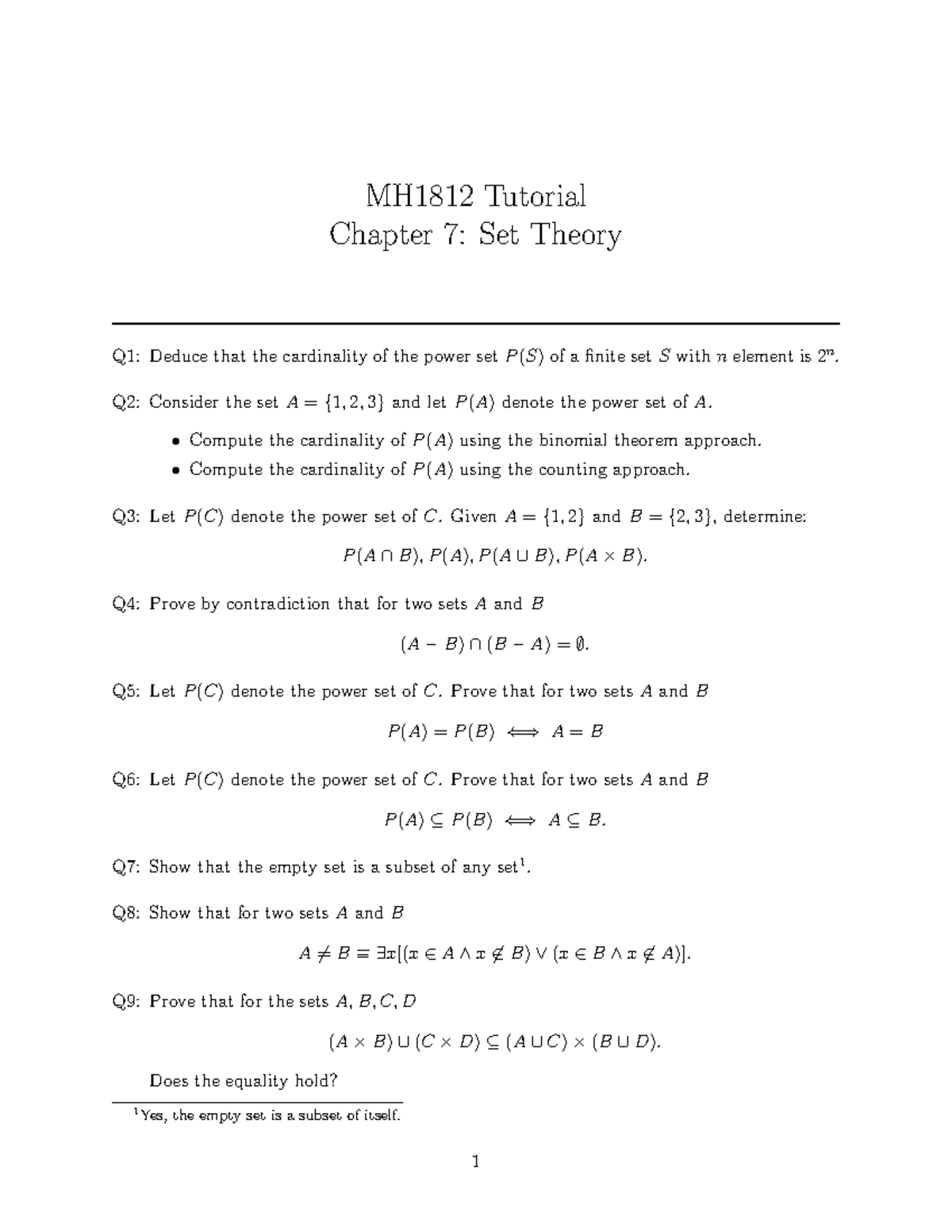 MH1812 Tutorial: Chapter 7 - Set Theory Exercises and Solutions - Studocu