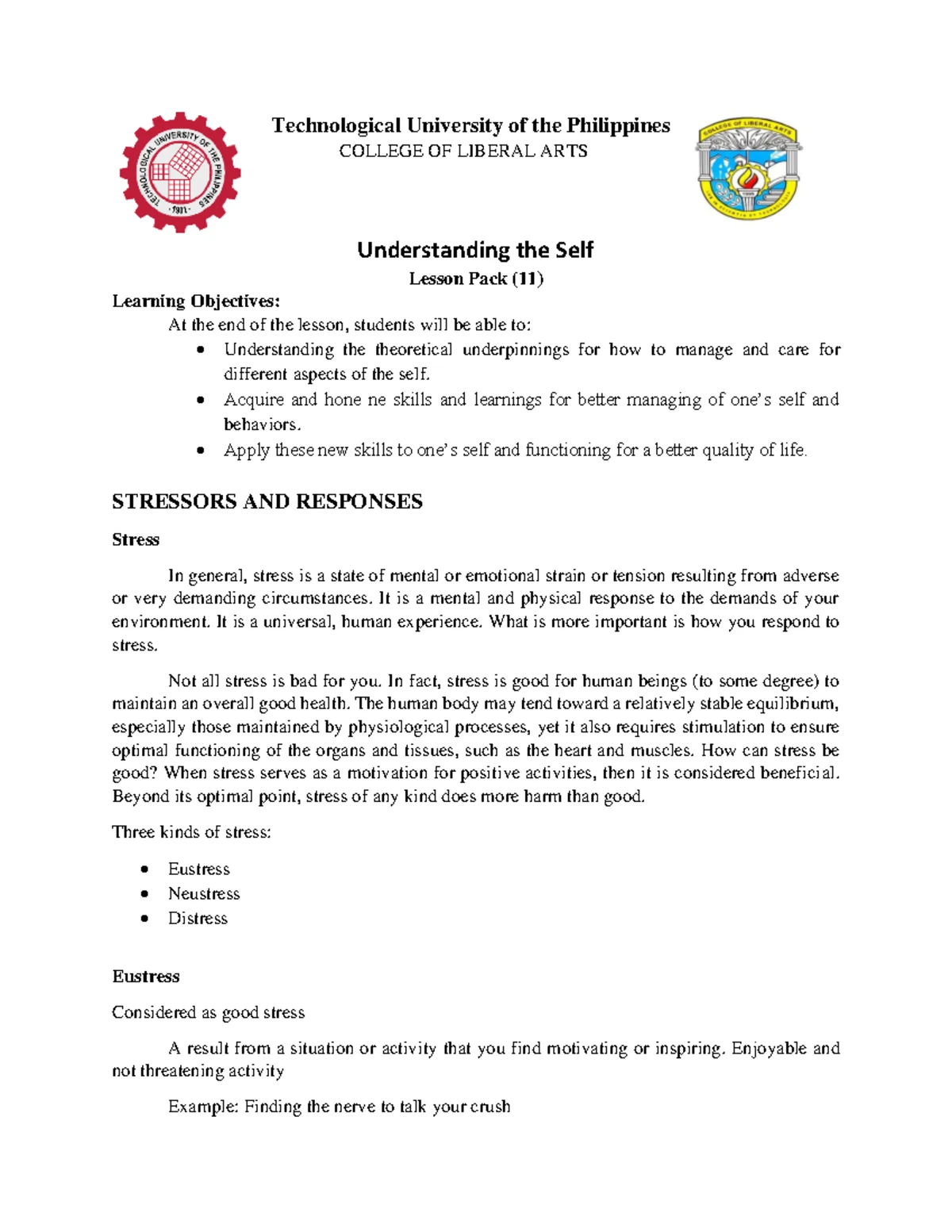 Understanding The Self Lesson 1 - Technological University of the ...