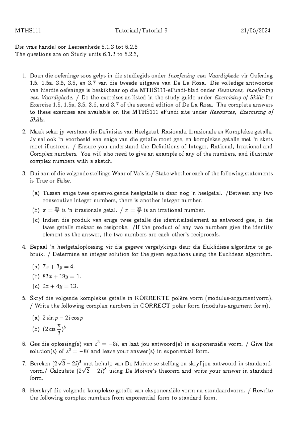 MTHS111 tutorial 9 2024 - MTHS111 Tutoriaal/Tutorial 9 2 1/05/ Die vrae ...