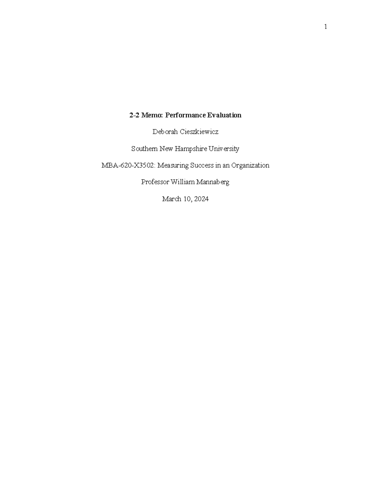 MBA-620-X3502: 2-2 Memo on Performance Evaluation & KPIs - Studocu