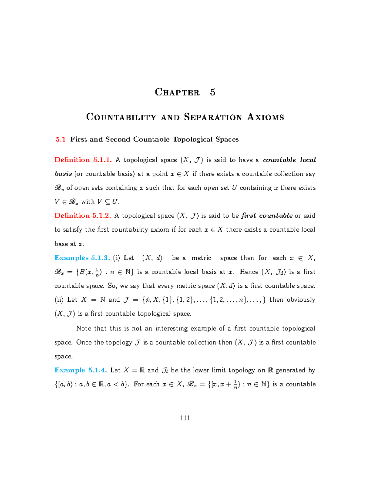 Chapter 5 - Topology notes - Chapter 5 Countability and Separation ...