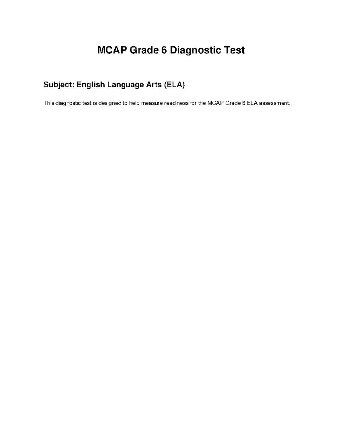 MCAP Grade 6 ELA Diagnostic Test: Reading & Writing Assessment - Studocu