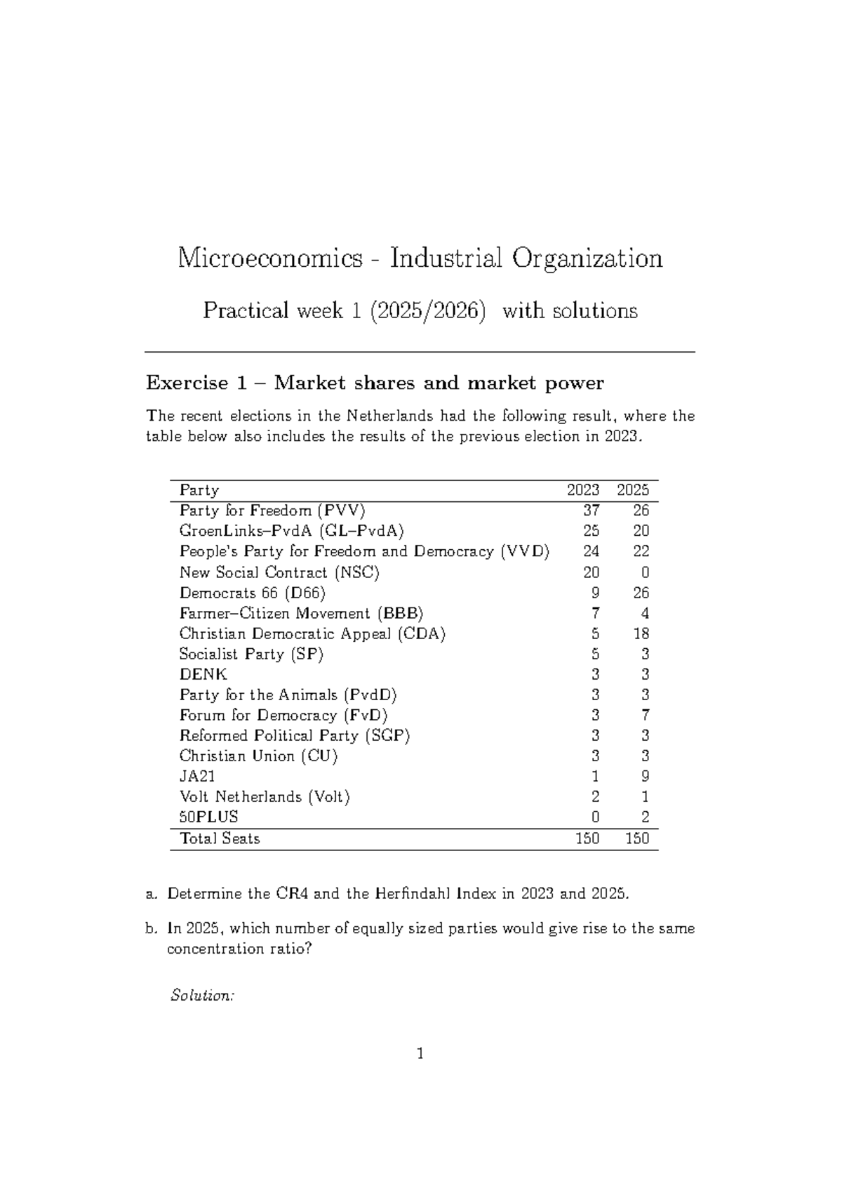 Microeconomics Industrial Organization Practical 1 Solutions - Studeersnel