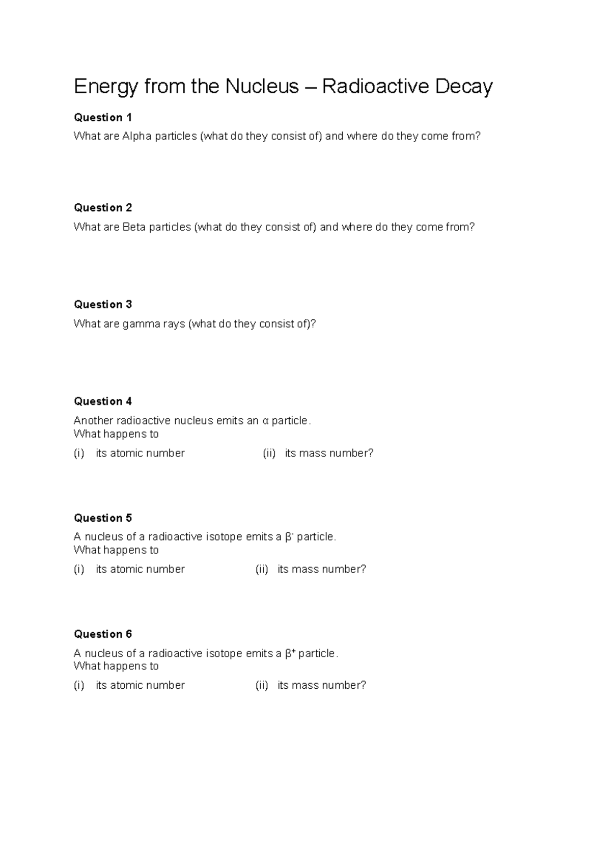 Radioactive Decay Worksheet: Understanding Alpha, Beta, and Gamma ...
