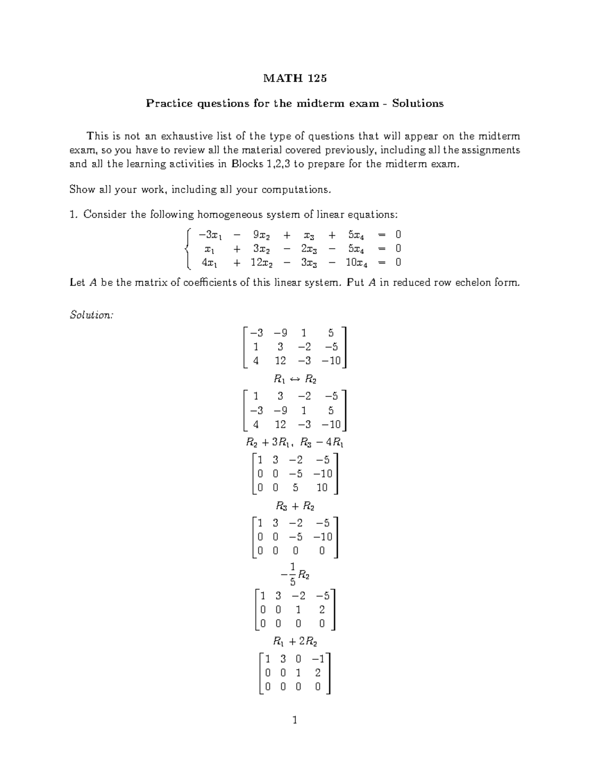 MATH125 Midterm Exam Practice Questions & Solutions Summary - Studocu