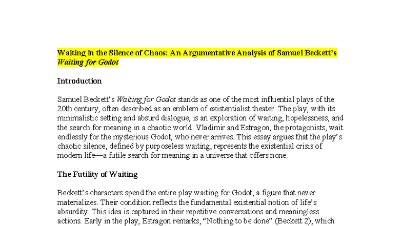 ENG 201: Final Exam Essay on Existentialism in Waiting for Godot - Studocu