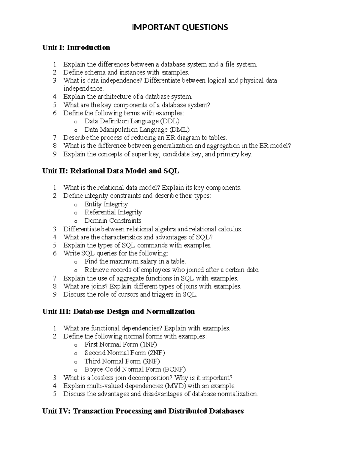 Dbms important questions for unit I to IV: key concepts and definitions ...