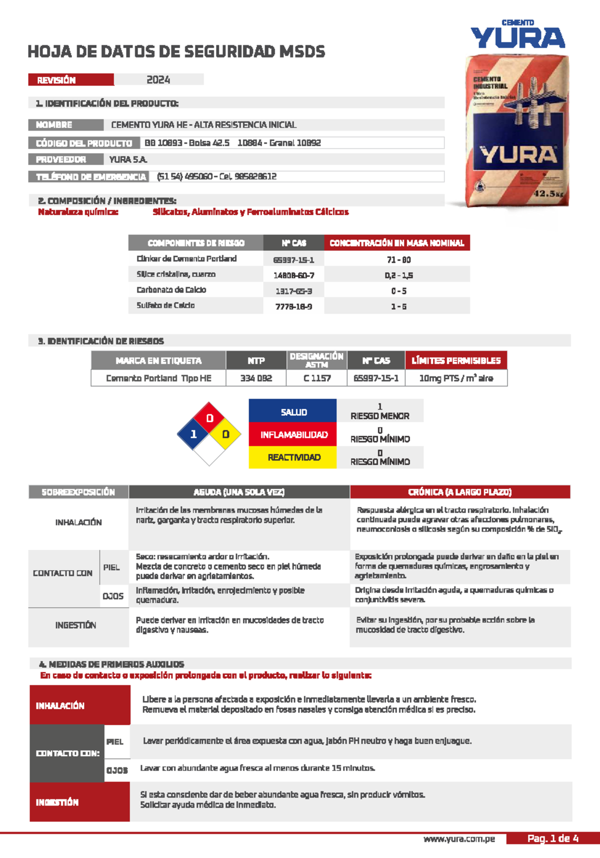 HOJA DE DATOS DE SEGURIDAD HDS CEMENTO YURA 2024 - Studocu