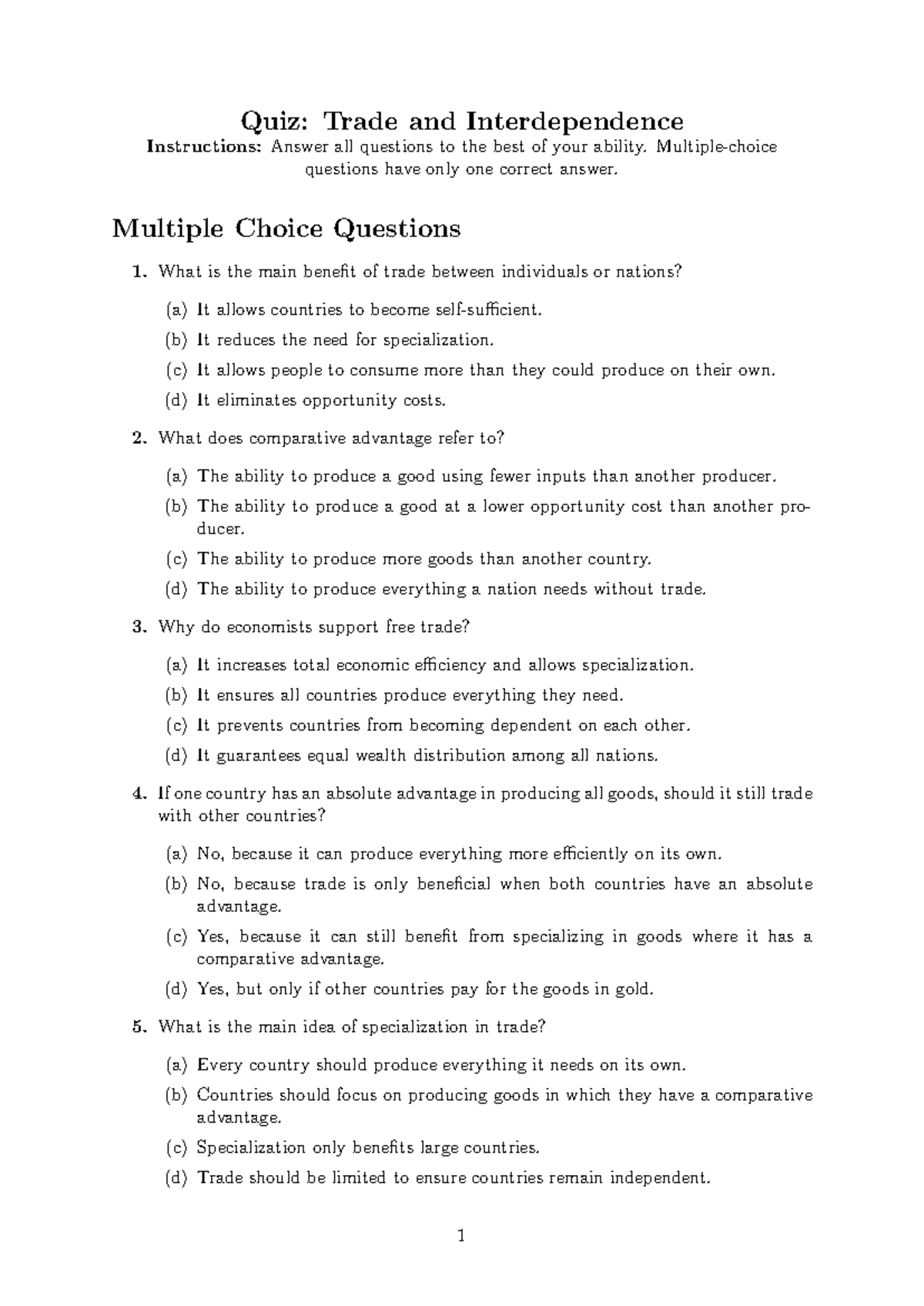 Sheet 3 Trade and Interdependence - Quiz: Trade and Interdependence ...