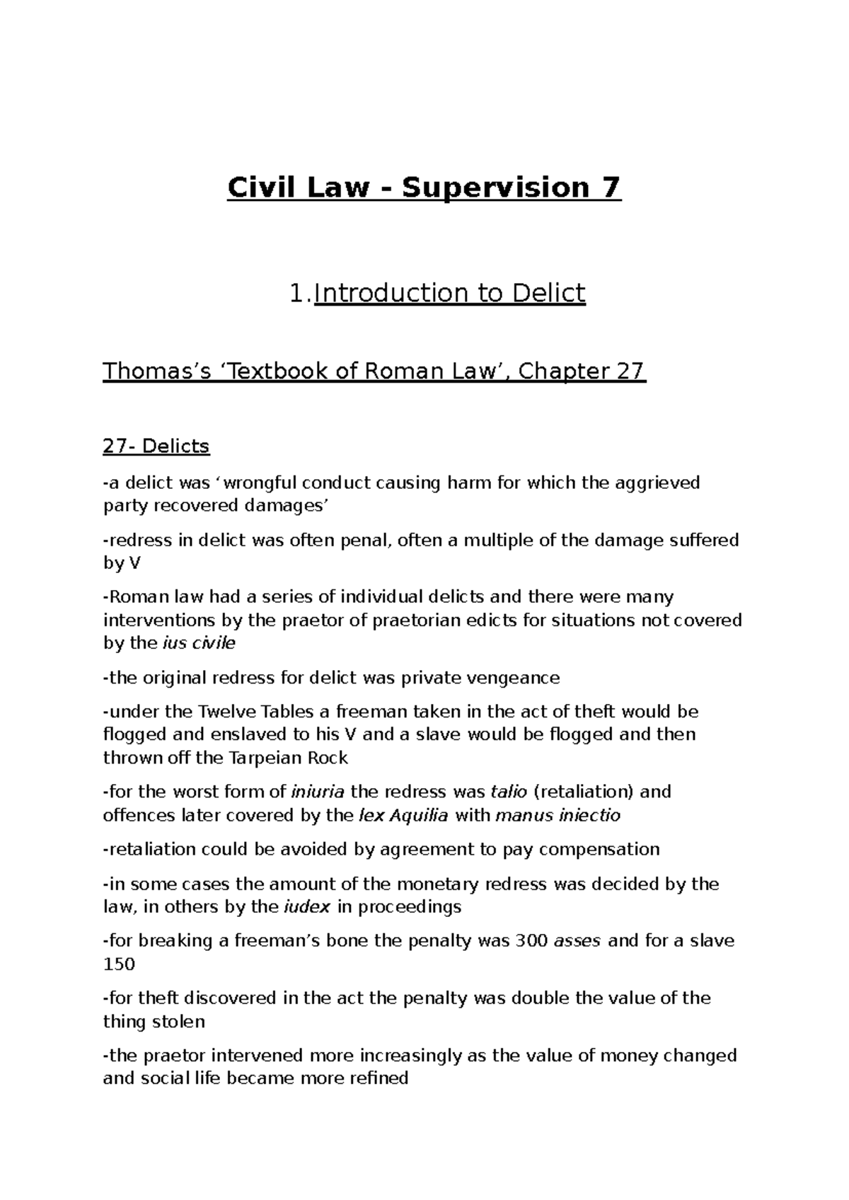 Civil Law Supervision 7: Delict and Theft in Roman Law - Studocu