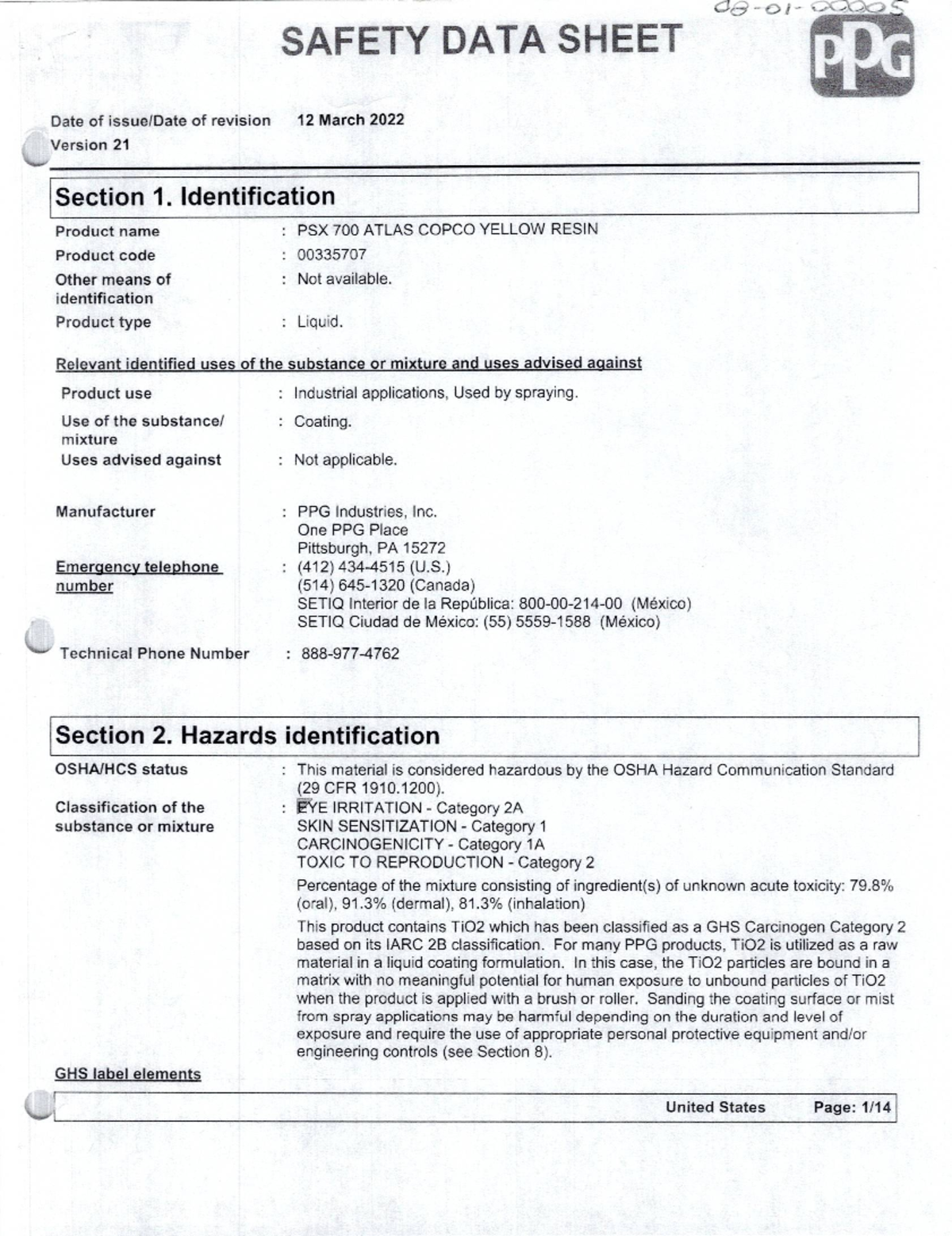 SAFETY DATA SHEET: PSX 700 ATLAS COPCO YELLOW RESIN (Version 21) - Studocu