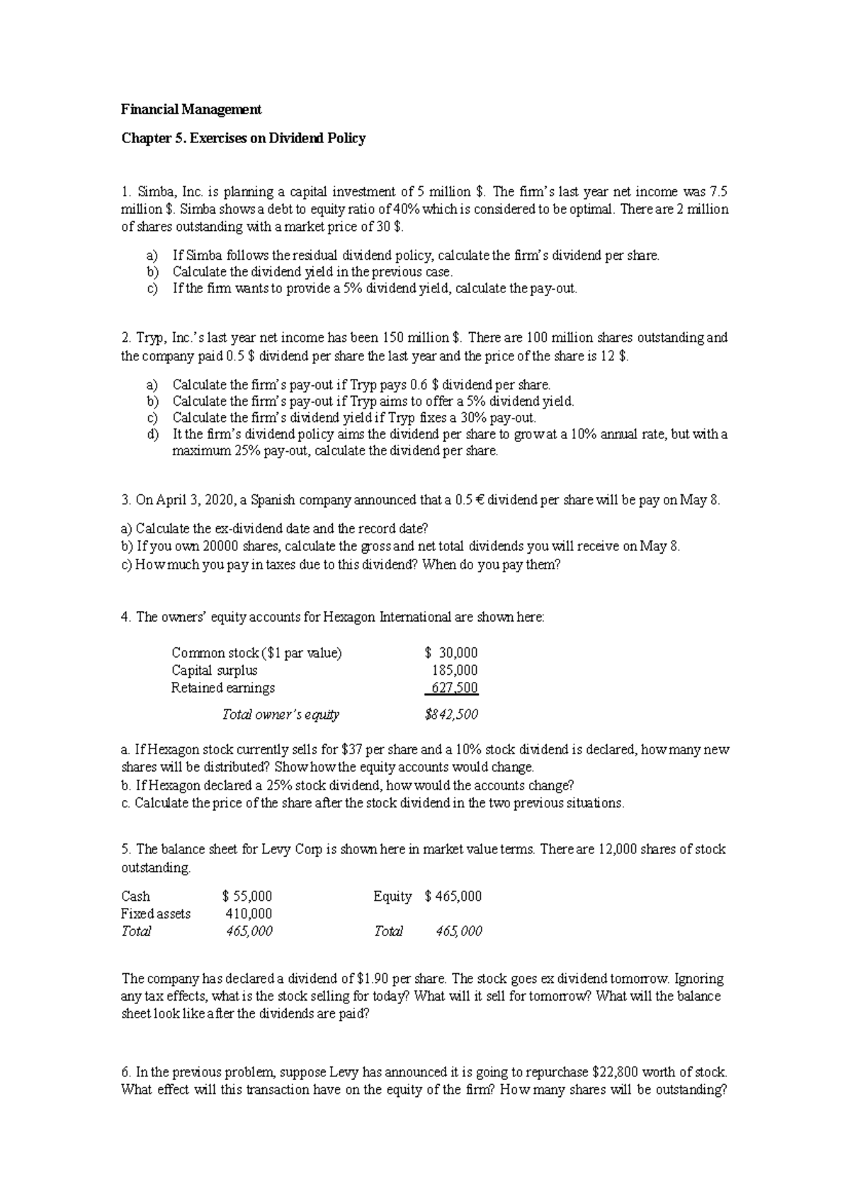 Chapter 5.1: Exercises on Dividend Policy for Financial Management - Studocu