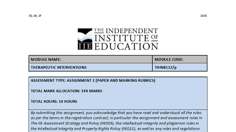 Therapeutic Interventions Assignment 2 (THIN8112) - Guidelines and ...